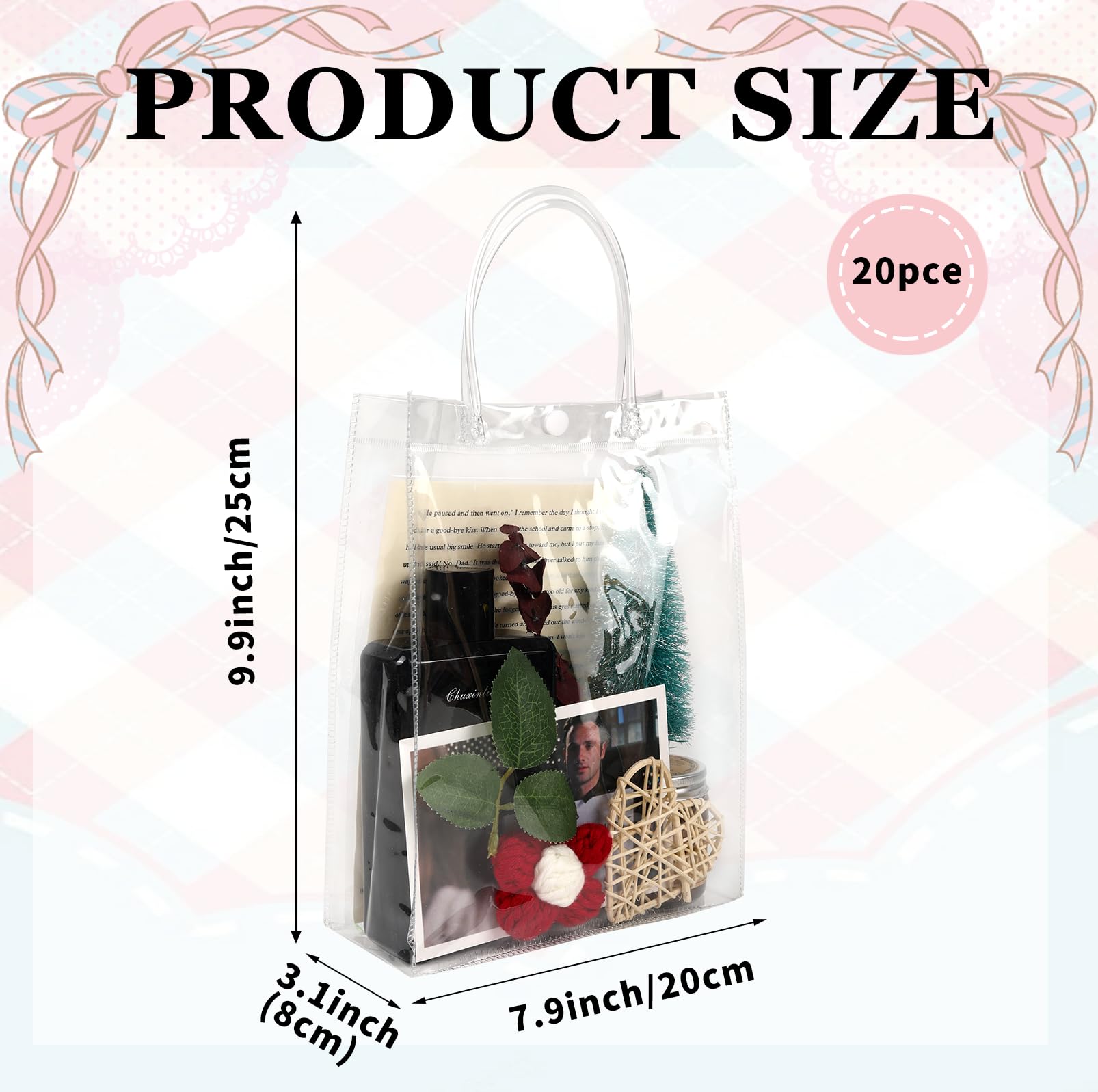 zandfelo 20 Pcs Clear Gift Bags with Handle, Clear Goodie Bags Plastic Gift Bags, Reusable Transparent PVC Gift Wrap Tote Bag for Gift Wrapping (clear, 8x10x3.2)