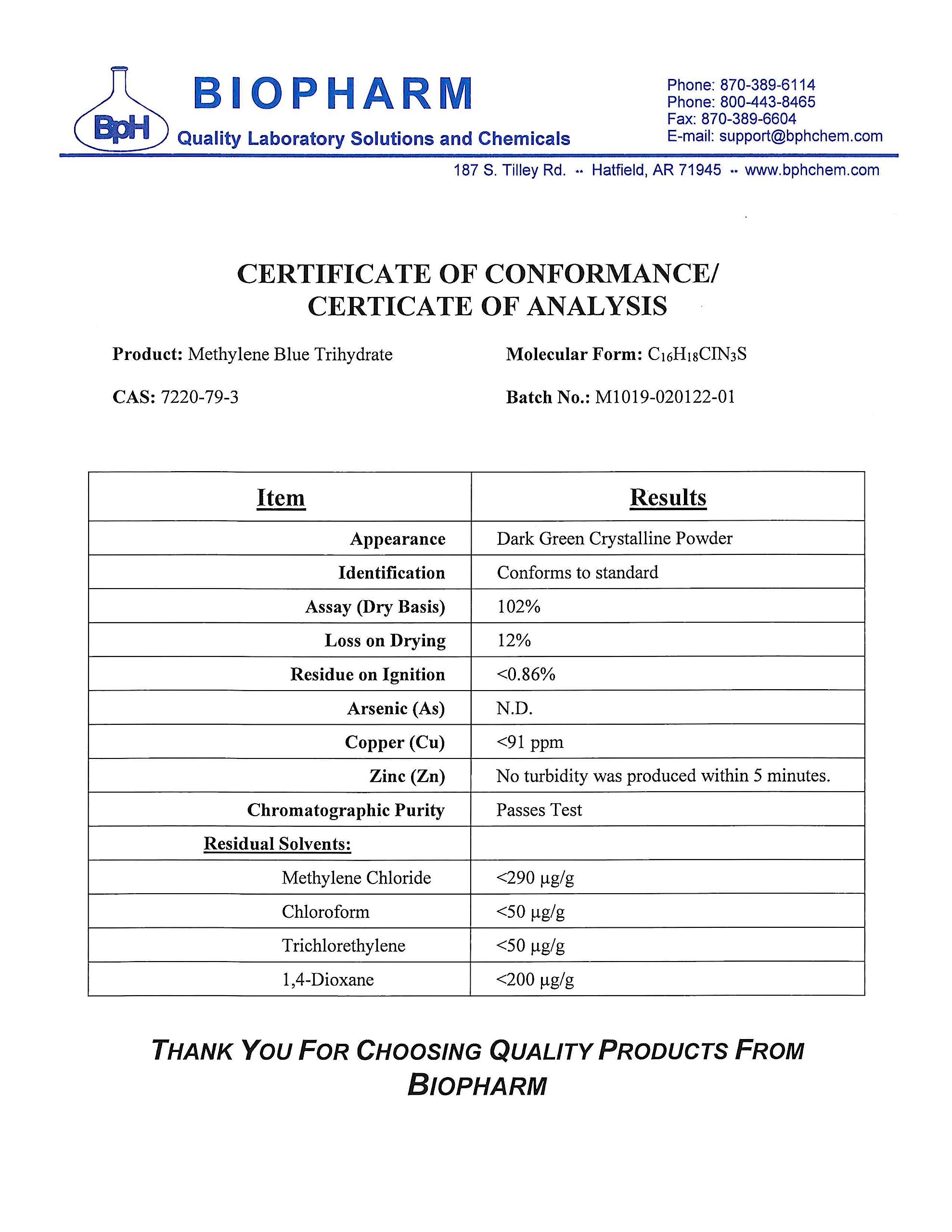Methylene Blue, 1% USP (Pharmaceutical) Grade, 50 mL (1.69 fl oz); 3rd Party Tested
