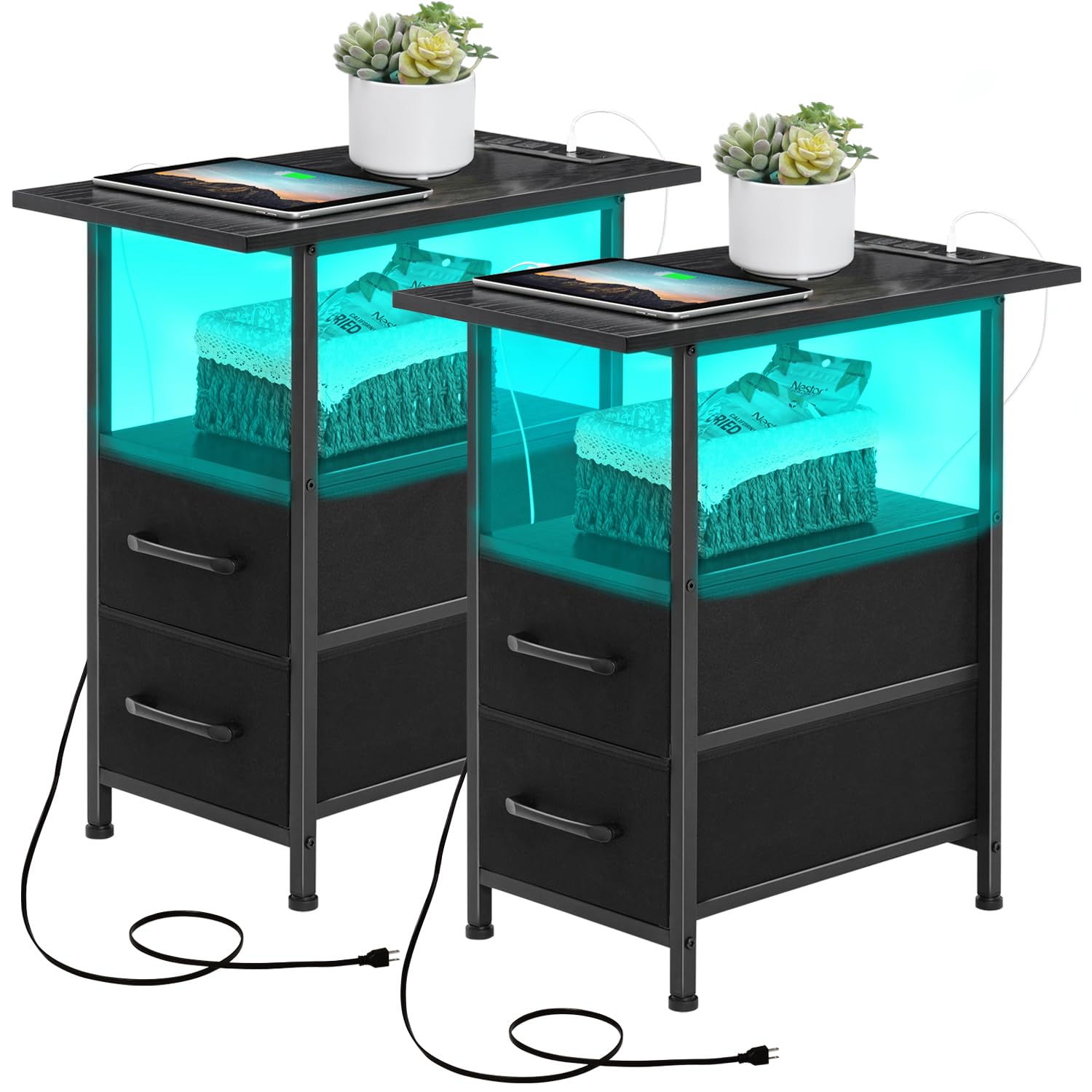 LAKEMID Narrow Side Table Set 2 with LED Light and USB C Port, Night Stand with Charging Station, Skinny End Table with 2 Fabric Drawers, for Bedroom, Living Room, Black