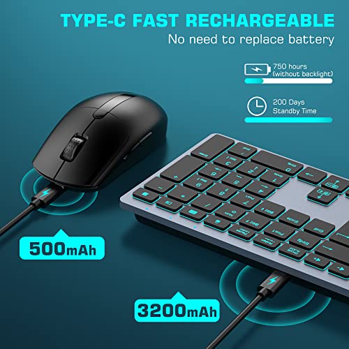 Wireless Keyboard and Mouse Combo Rechargeable, Full Size Wireless Keyboard with Backlit, 2.4G Silent USB Wireless Keyboard Mouse Combo [with USB C Adapter] for Windows, Mac OS Desktop/Laptop/PC