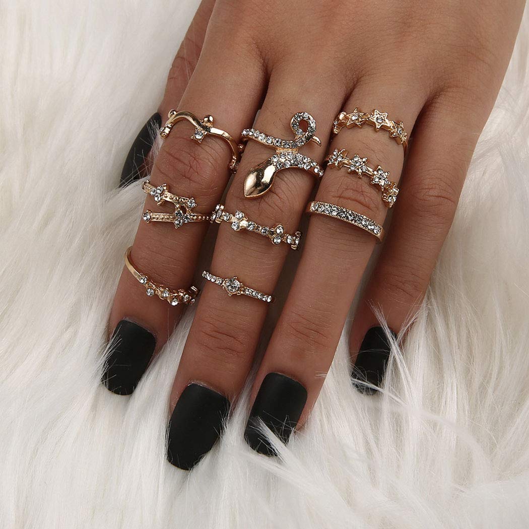 Metisee Boho Serpentine Ring Sets Gold Vintage Carved Joint Knuckle Ring Crystal Stacking Midi Ring for Women (9PCS)