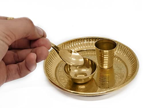 Satvik Brass 4 Pc Bhog Thali Set for Laddu Gopal Brass Bhog Thali with Glass, Bhog Bowl and Pooja Spoon for Home and Temple Kanha Ji Bhog Plate Set (Medium)