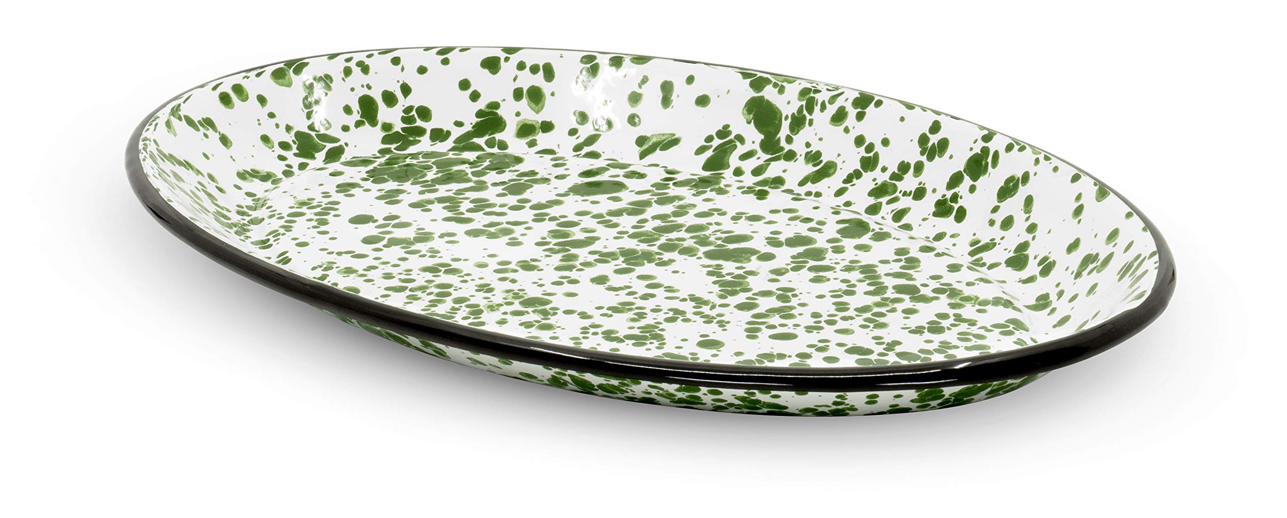 Red Co. Enamelware Metal Classic 13" Serving Oval Tray Platter, Dark Green Marble/Black Rim - Splatter Design