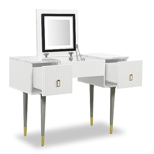 Lifeand 43.3" Modern Vanity Table Set with Flip-top Mirror and LED Light, Dressing Table with Customizable Storage, Marble-Style Stickers Tabletop, White+Gray