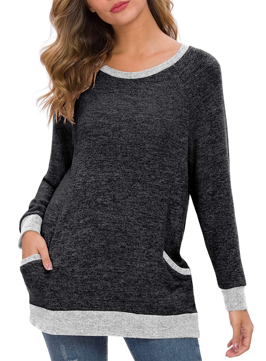 LILBETTER Womens Loose Long Sleeve Tops Crew Neck Casual Blouses Tunic Tops(Black,Small)