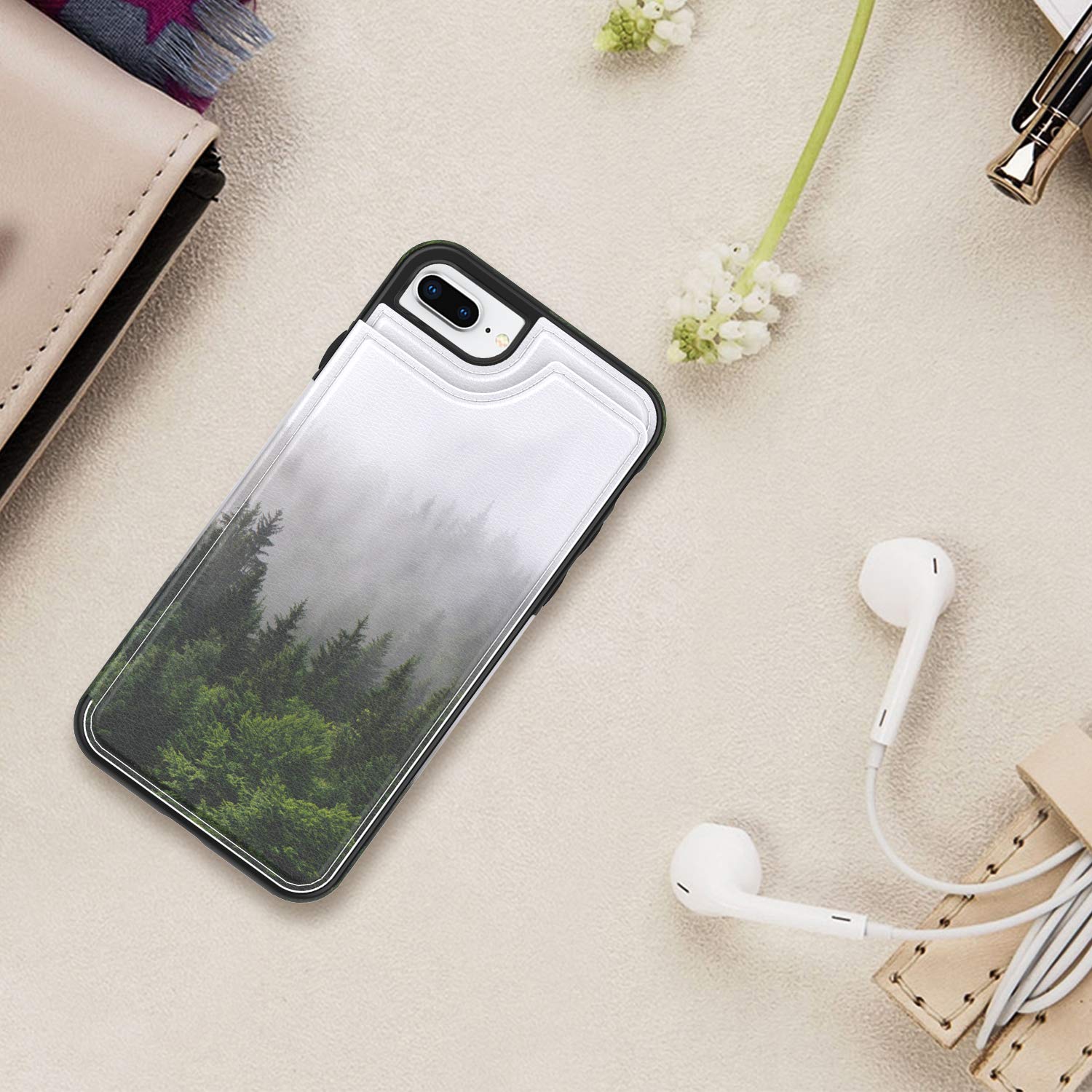 LETO iPhone 8 Plus Case,iPhone 7 Plus Case,Flip Folio Leather Wallet Case with Floral Designs,Kickstand Card Slots Cover,Protective Phone Case for iPhone 7 Plus/iPhone 8 Plus Fog and Trees