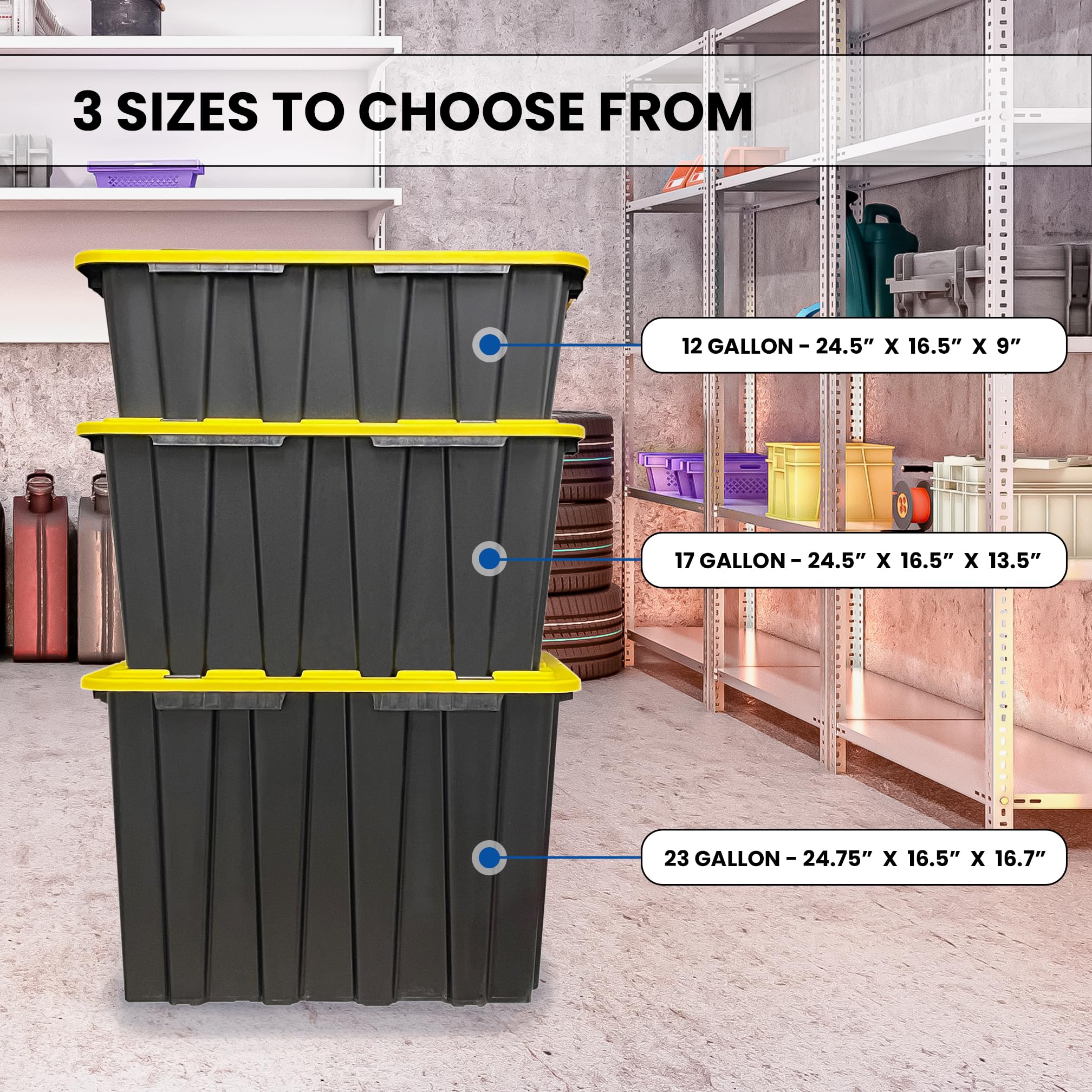 Lifetime Home (8 PACK 12 Gallon Plastic Storage Bin Tote Organizing Container with Ultra Durable Secure Latching Lids, Stackable, Extra Strength Clear with Built in Handle - Black and Yellow