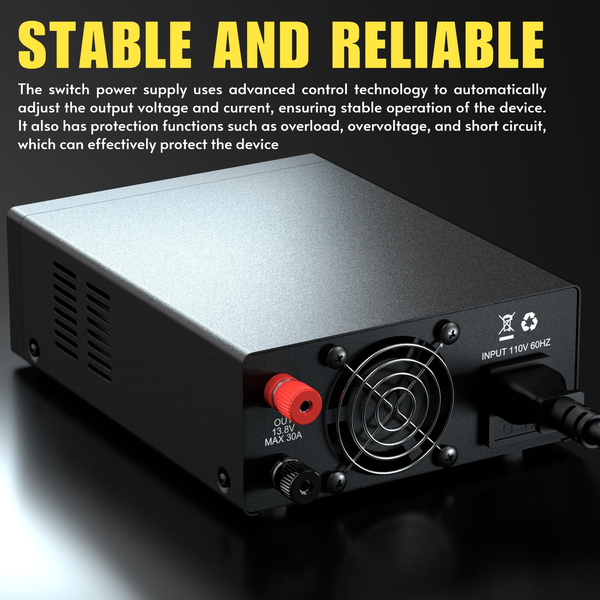 Switching Power Supply 13.8V 30A Peak Current for 110V AC Converter Power Supply 7.5V to 15.8V Adjustable with LCD Display for Powering HAM Radio