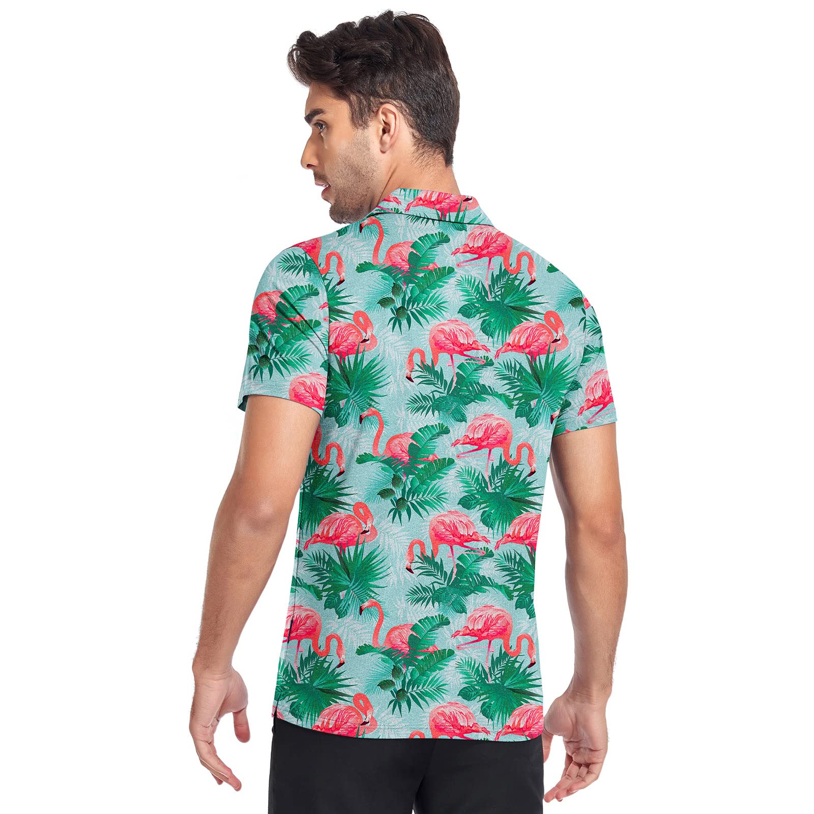Soneven Men Short Sleeve Golf Shirts Polo Shirts Print Performance Moisture Wicking Golf Polos for Mens Flamingos
