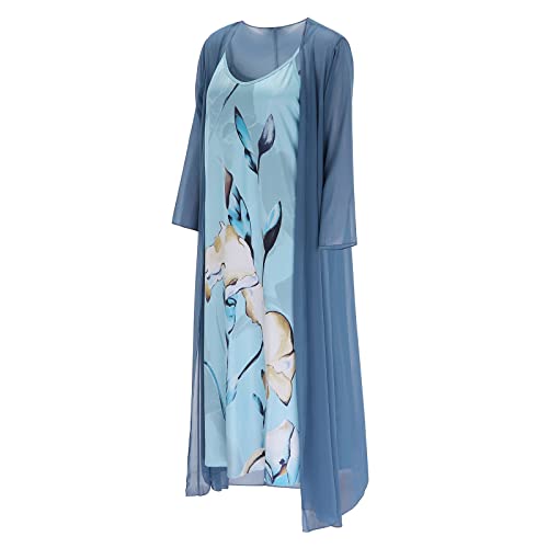 Sequin Women Vintage Floral Sleeveless Dress 2 Piece Set Womens Chiffon Beach Midi with Cardigan Suit Classy Blue