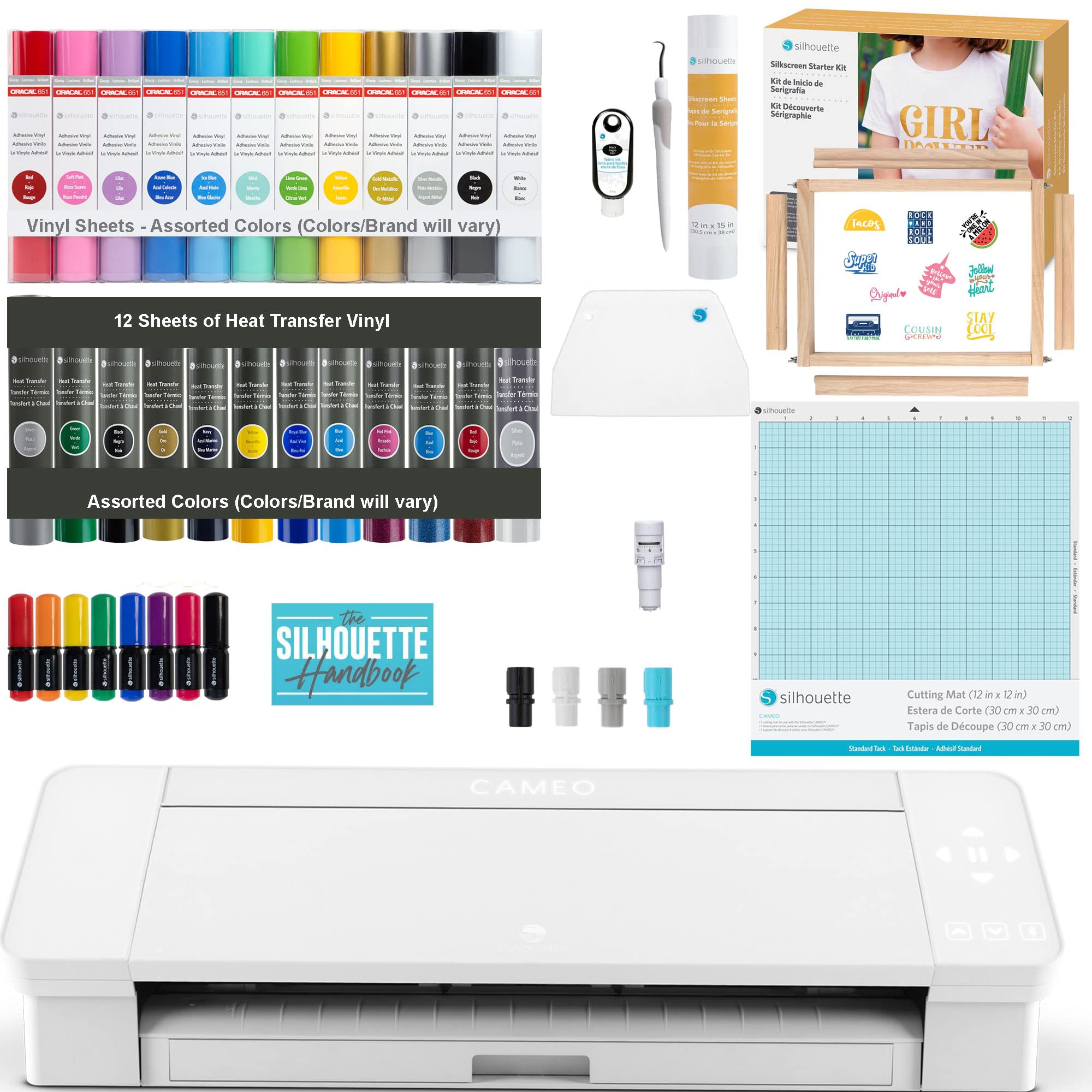 Silhouette Cameo 4 Silkscreen and Vinyl Bundle with Silkscreen Starter Set, 12 Pack of HTV, 12 Pack of Vinyl, and Pen Starter Kit- White Edition