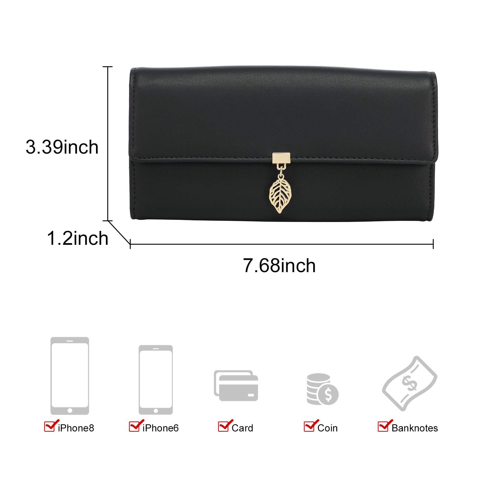 Loiral Womens Wallet RFID Long Trifold Wallet PU Vegan Leather Leaf Card Holder with Zipper Pocket