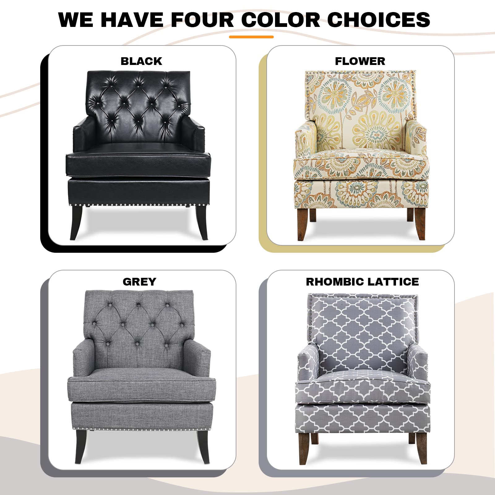 KUVENQIW Modern Accent Chairs,Nailhead Trim Club Chair,Linen Fabric Sofa Chair,Upholstered Button Tufted Armchair,Reading Chair (Grey Pattern)
