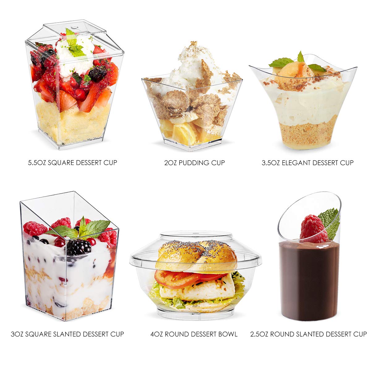 Plastic Dessert Cups with Spoons,Mini Disposable Appetizer Cups Clear Square Slanted Parfait Cups for Party - Set of 24 (2.5oz round slanted dessert cups)