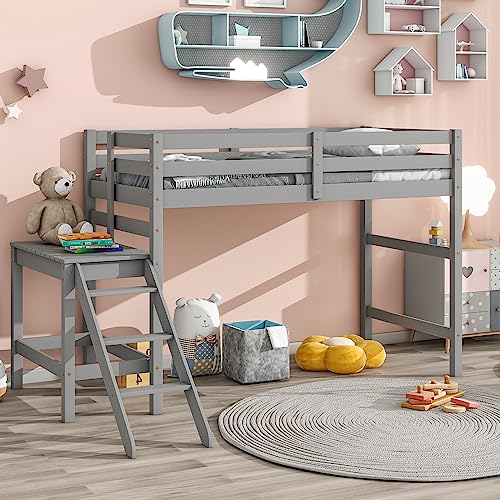 LETSHOME Twin Loft Bed with Platform, Wooden Low Height Loft Bed Frame with Ladder, Metal Loft Bed Frame for Kids Teens Adults, Twin Size for Bedrooms