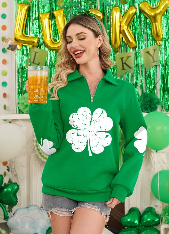 St Patricks Day Sweatshirt Women Long Sleeve Casual Half Zipper Sweatshirt Lapel Clover Pullover Tops Green XL