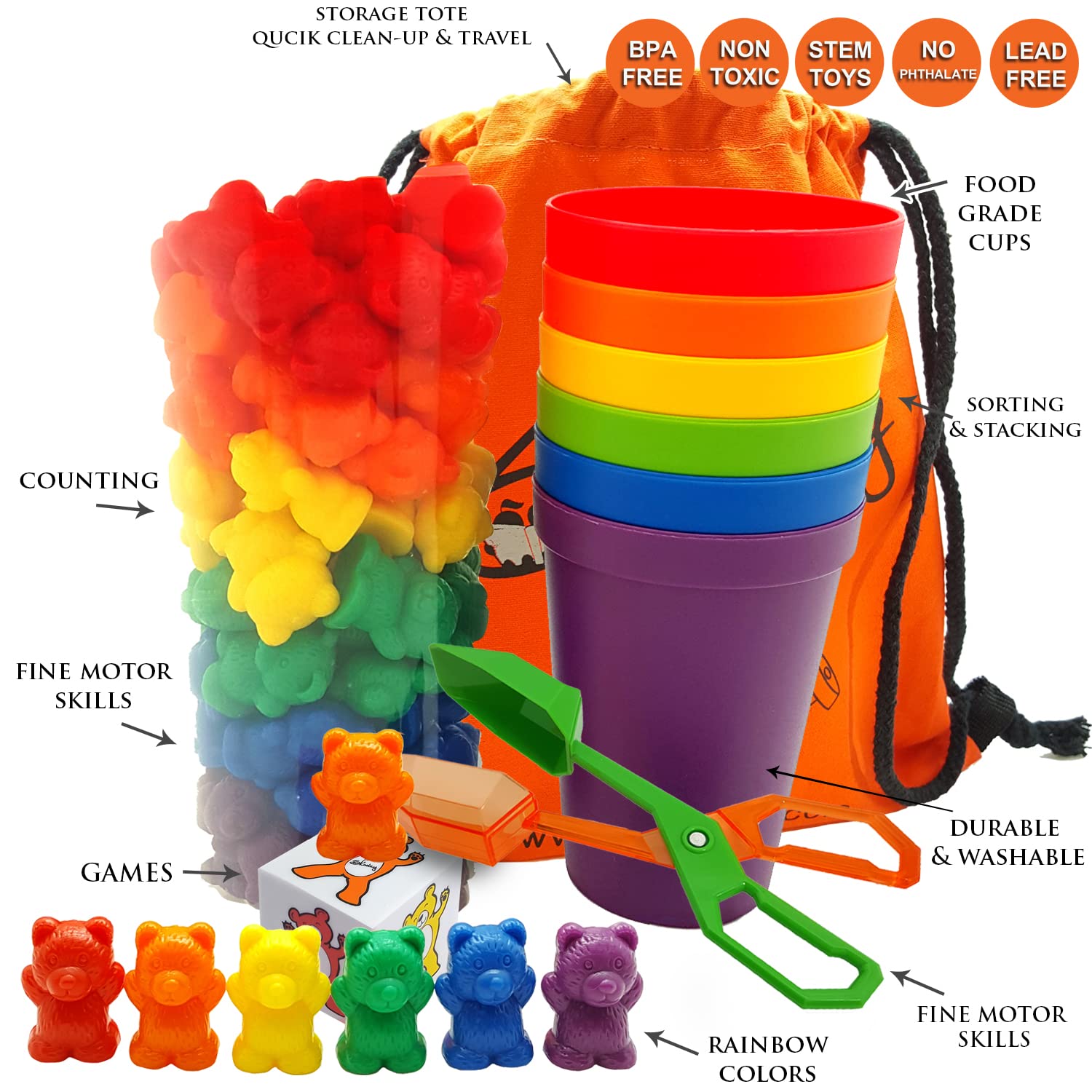 Skoolzy Number Blocks & Rainbow Counting Bears with Matching Sorting Cups, Bear Counters and Dice - for Toddlers & Kids 3+