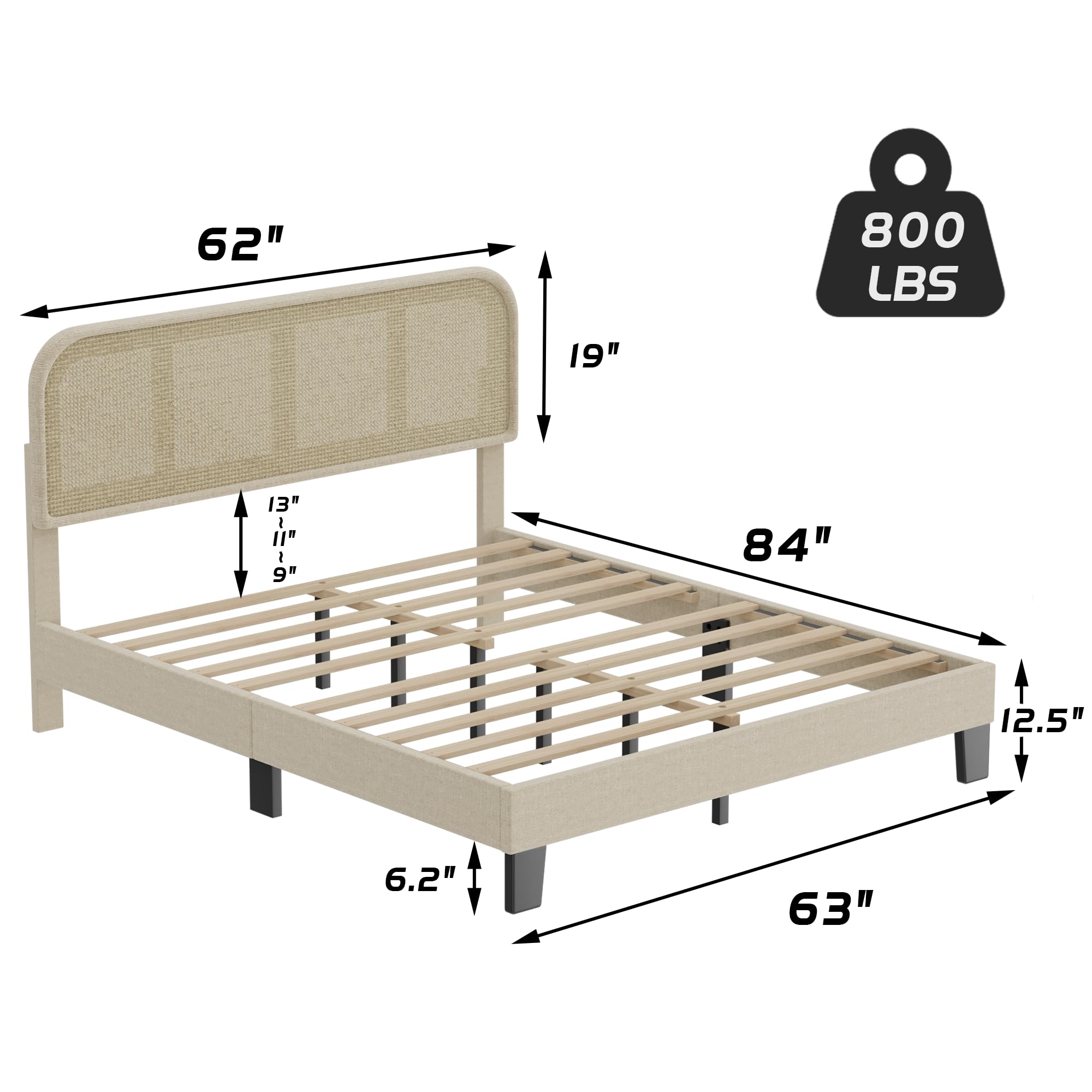 Lifezone Queen Bed Frame with Adjustable Rattan Headboard, Queen Size Bed Frame with Wood Slats Support, Safe Rounded Corner Design, Linen Fabric, High Feet, No Box Spring Needed, Beige