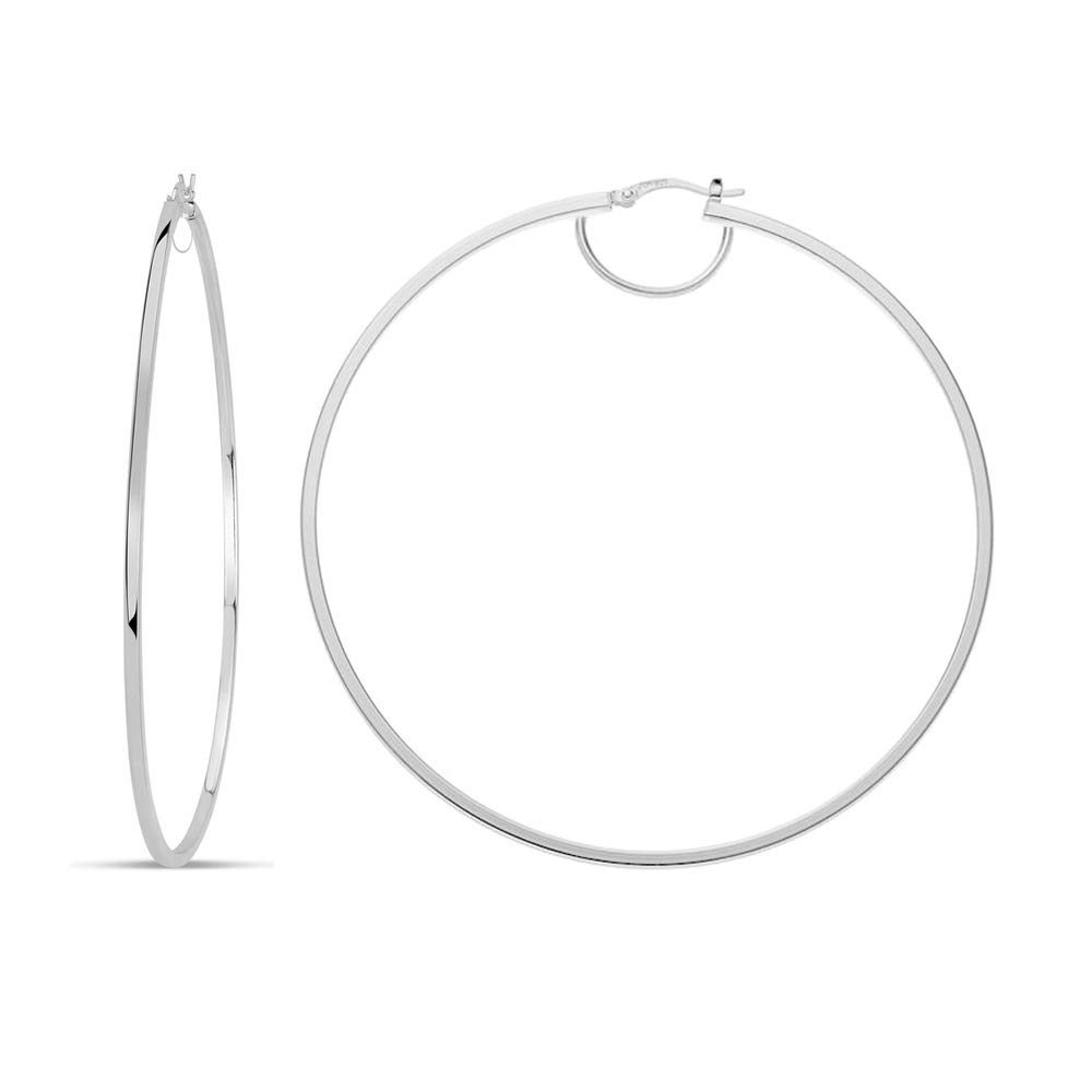 LeCalla 925 Sterling Silver Classic Hoop Earrings | Large Earrings Hoop Jewelry | Round Rhodium-Plated Statement Earring | Italian Square-Tube Click-Top Hoops Earring for Women - 80mm