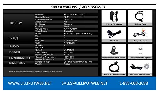 LILLIPUT 12.1" FA1210/C/T Industrial Capacitive Touch Screen 4:3 1024×768 Native 800 cd/m² 900:1 Contrast, 170° Wide Viewing Angles