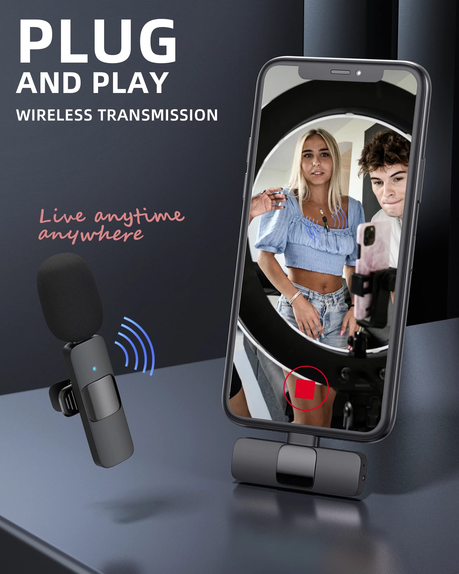 SiuSiuG Mini Wireless Lavalier Microphone for iPhone iPad, 2 Pcs Lapel Microphones, Pro Plug-Play Mic with Noise Cancellation for Video Recording Podcast Vlog YouTube TikTok Interview Conference
