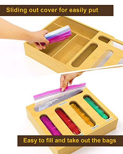 VenDotbi Bag Storage Organizer, Bamboo baggie organizer with Slider, Suitable for Kitchens and Countertop to Storage Gallon, Quart, Sandwich & Snack Bags and other Size Bag Organizer-Natural