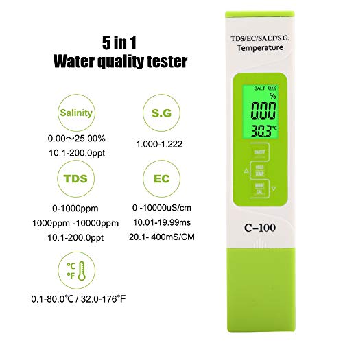 Water TDS Meter,5 in 1 TDS, EC, Salinity,Temperature Meter, Specific Gravity of Sea Water Accurate & Reliable ppm Meter,Digital Water Tester for Drinking Water, Aquariums, Swimming Pool, Hydroponic S