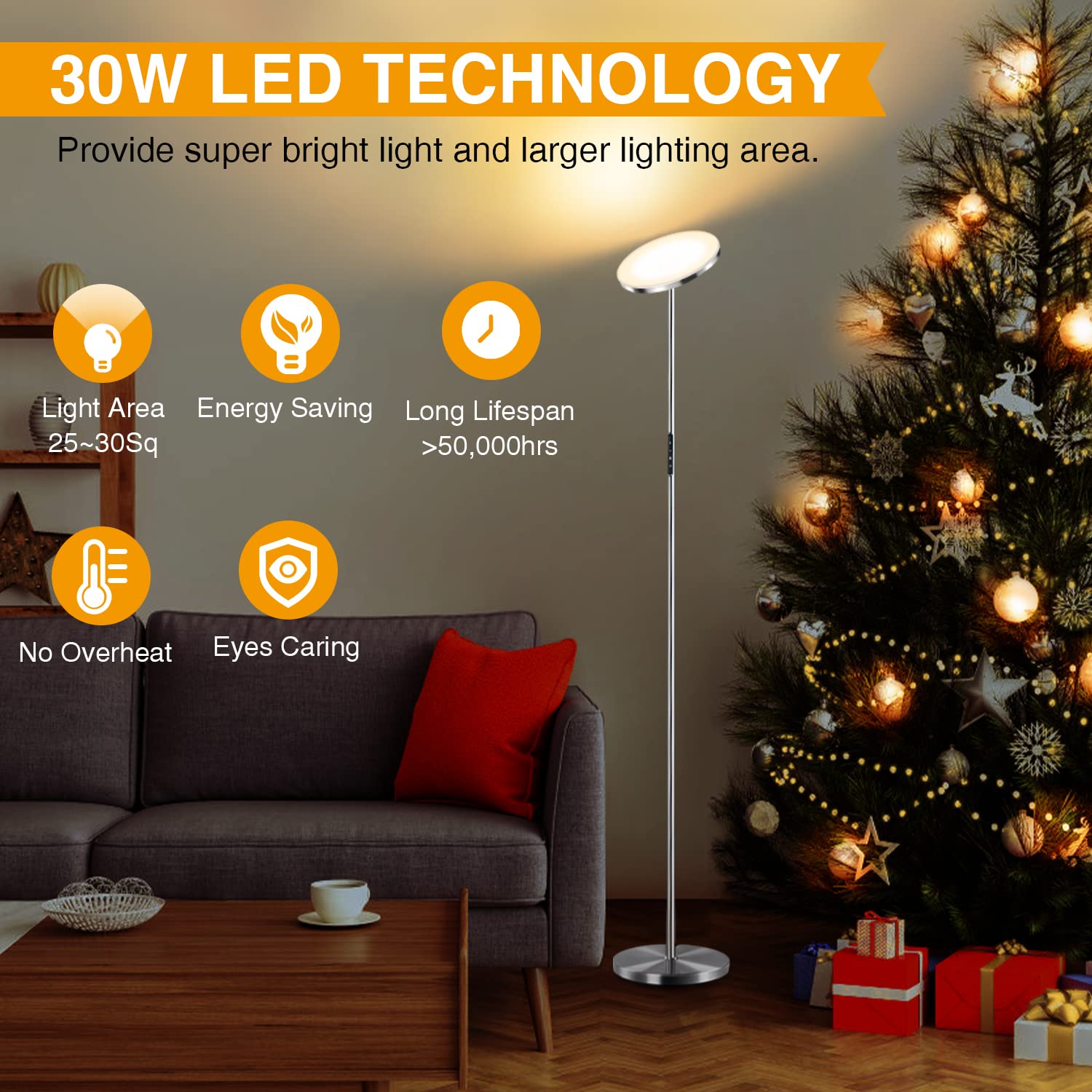 OUTON Floor Lamp, 30W 3000LM LED Modern Torchiere Sky Lamp, Bright Dimmable Standing Lamp with 4 Color Temperatures, Remote Touch Control, 1 Hour Timer for Living Room Bedroom Office, Brushed Steel