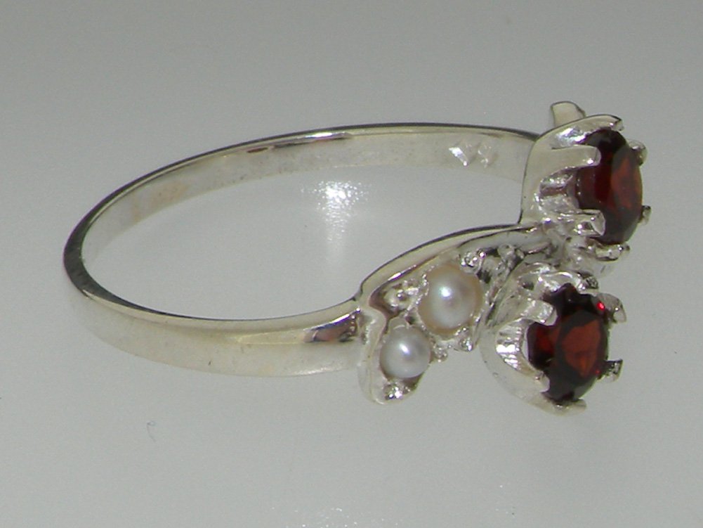 LetsBuyGold 925 Sterling Silver Natural Garnet and Cultured Pearl Womens Band Ring - Sizes 4 to 12 Available