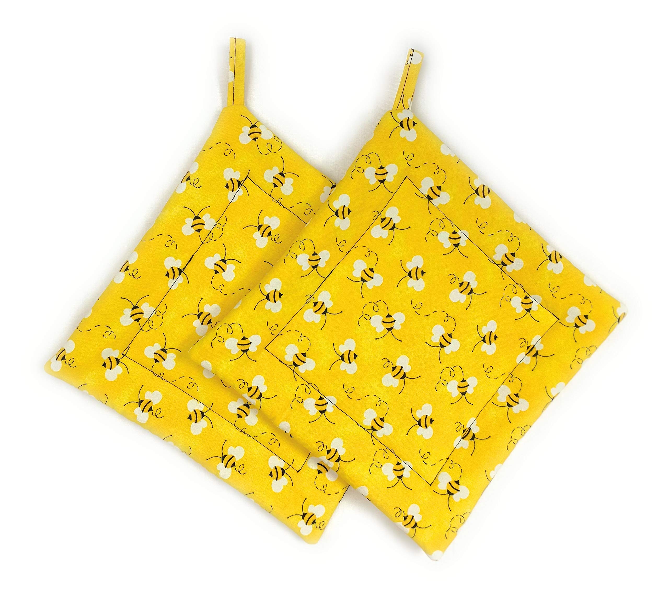 Set of Two Honey Bumble Bees on Yellow Square Pot Holders Hot Pads Trivets Hot Pan Plate Holders