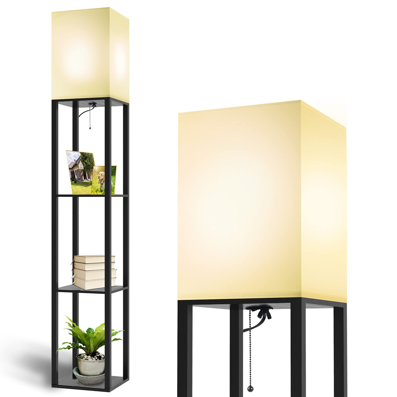 MOFFE Column Floor Lamp with Shelves, Modern Shelf Floor Lamp with 9W LED Bulb, 3 Tier Storage Display Standing Reading Lamp Narrow Corner Nightstand Light for Bedroom Living Room, Black