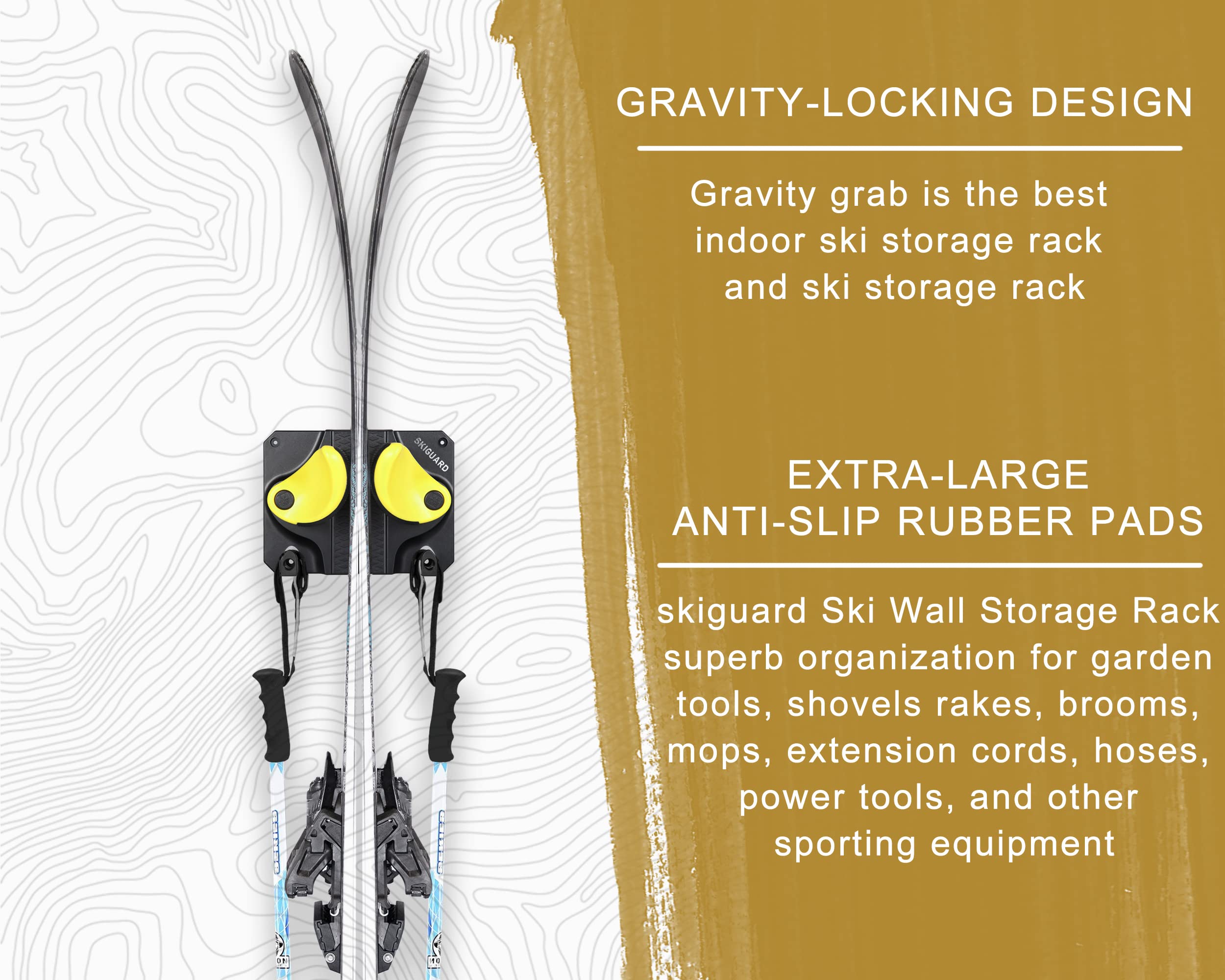 skiguard Ski Wall Storage Rack: 1 Pack Snowboard Wall Mount Ski Rack for Garage Wall, Damage-Free Ski Wall Rack, Garage Storage Rack for Save Your Rocker, Tips, and Tails, Fits any Ski or Snowboard