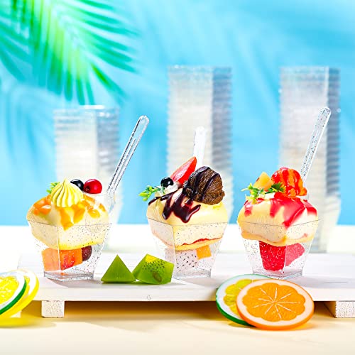 Meanplan 160 Pack 2oz Glitter Plastic Dessert Cups with Spoons 160 Disposable Square Plastic Dessert Cups and 160 Glitter Spoons for Party Dessert Appetizers (Silver)