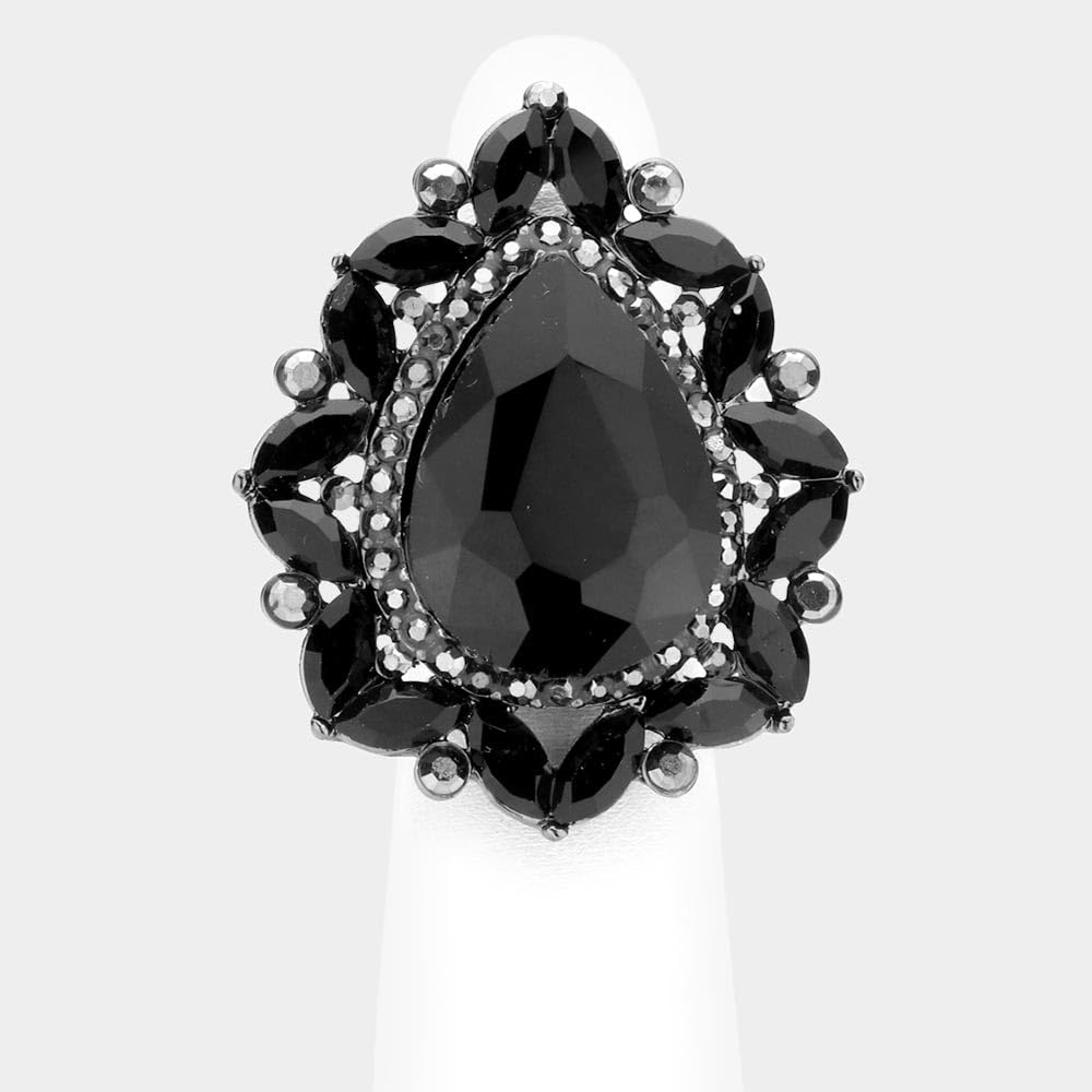 Rosemarie & Jubalee Women's Stunning Statement Teardrop Glass Crystal Stretch Cocktail Ring (Jet Black Hematite Tone)