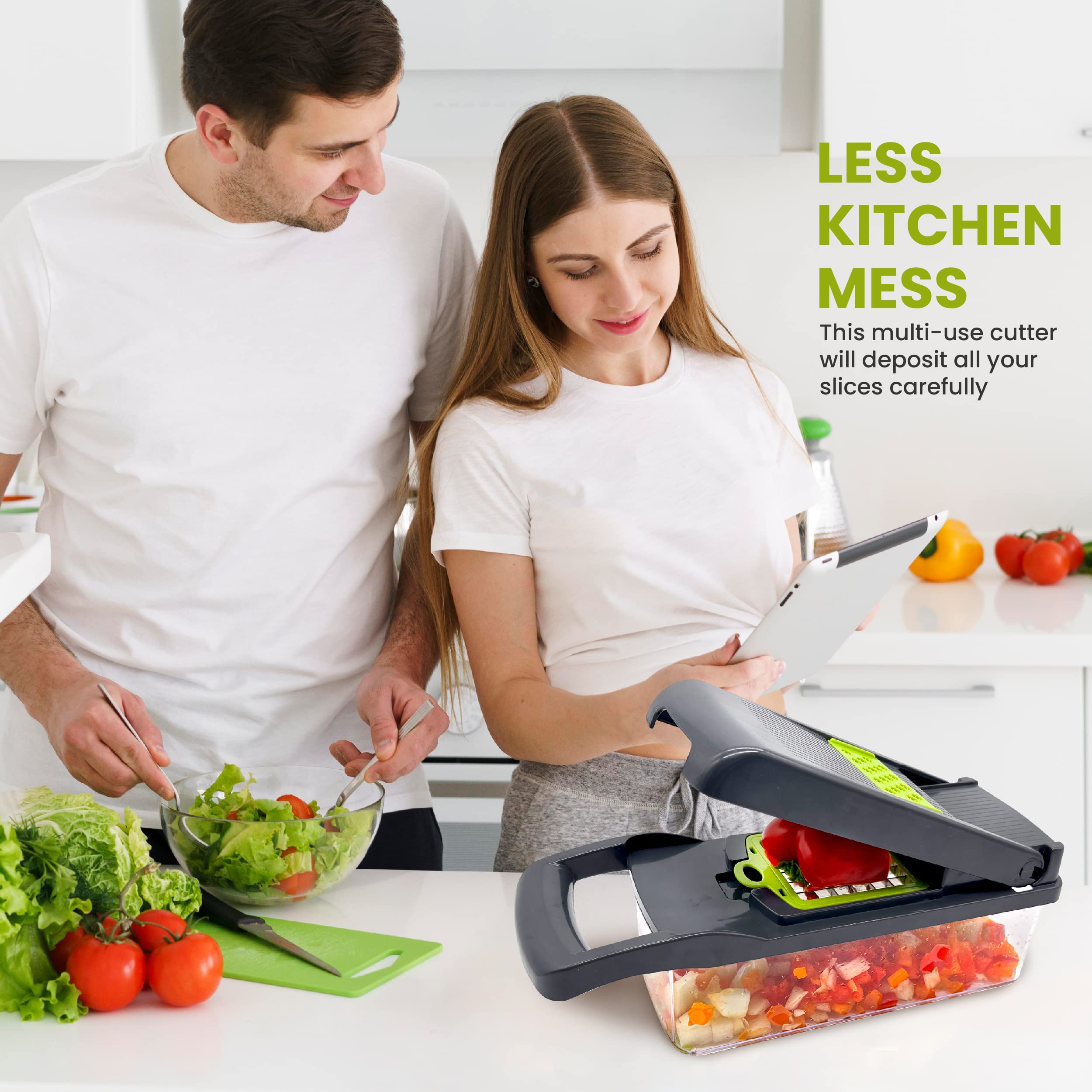 Lovelybren 12-in1 Vegetable Chopper - Heavy Duty Mandoline Slicer For Kitchen With 7 Blades, Egg Separator, Strainer - Fruit & Vegetable Slicer With Container - Hand-Wash - 13.4x4.7x4.9", Gray