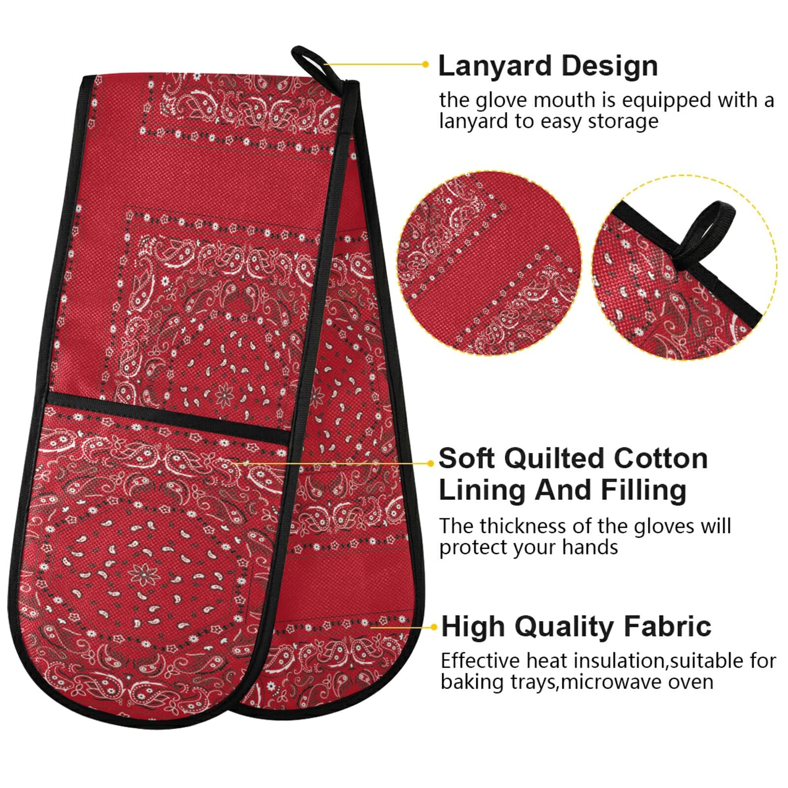 Red Bandana Print Traditional Asian Elements Paisley Floral Flowers Double Oven Mitt Gloves Extra Long Potholder High Heat Resistant for Baking Cooking Baking Grilling Handling Hots Pans 35"x7"