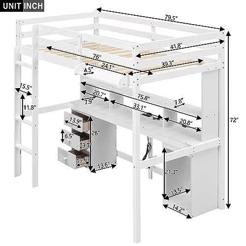 WADRI Twin Size Loft Bed with Multi-Storage Desk, Wood Loft Bed Frame with LED Light and Bedside Tray, Loft Bed with Charging Station for Kids Teens Adult, Space-Saving Design