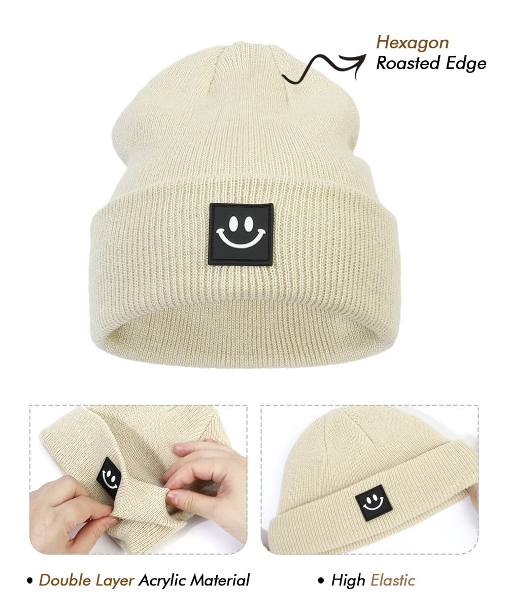 upeilxd Baby Winter Hat Soft Warm Knitted Beanie Hat with Cute Smile Face Beanie Cap for Toddler Boys Girls Beige