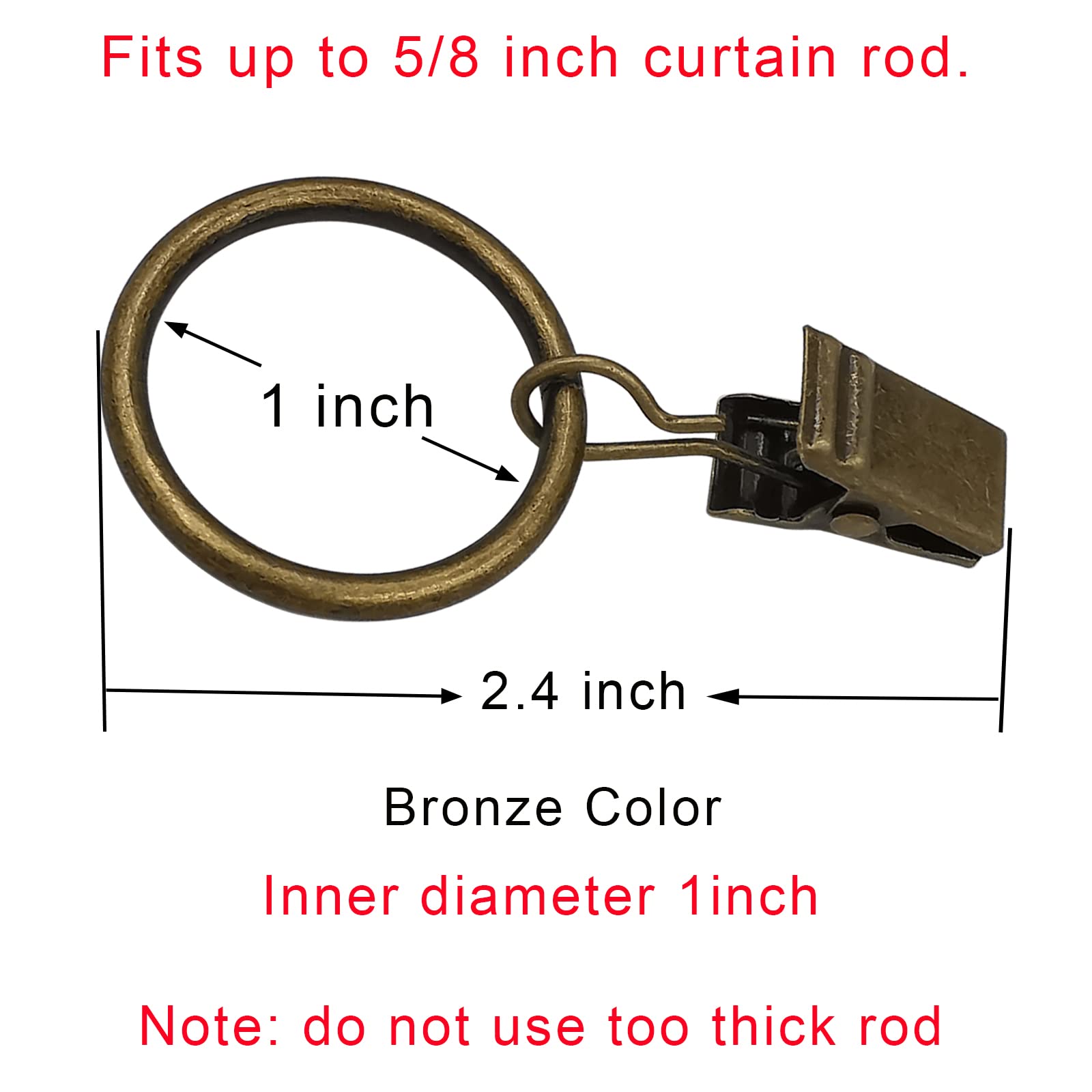 LLPJS 44 Pack Curtain Rings with Clips, Curtain Clip Rings Hooks, Bow Hanger Clips for Hanging Drapery Drapes Bows, Ring 1 inch Interior Diameter, Fits up to 5/8" Rod, Bronze