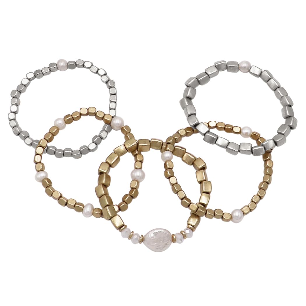 Rosemarie & Jubalee Women's Set of 5 Stacking Chunky Nugget Freshwater Pearl Beaded Stretch Bracelets, 6.5" (Matte Gold Tone)