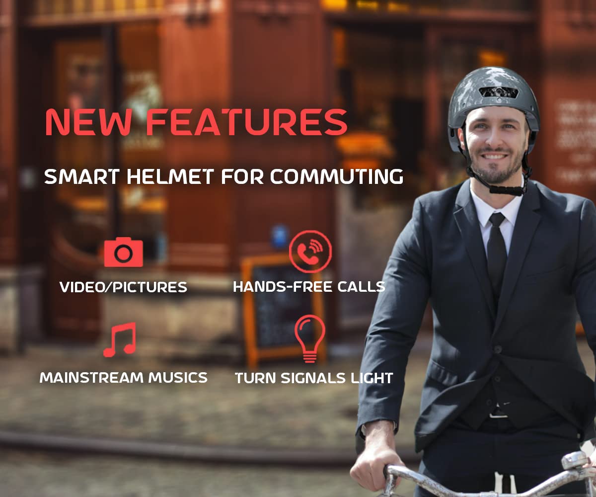 RENOLS Bluetooth Smart Bike Helmet with Dash Camera& LED Lights& Speakers for Urban Commuting Rechargeable Adult Bicycle Helmets with Visor Men/Women(Grey)