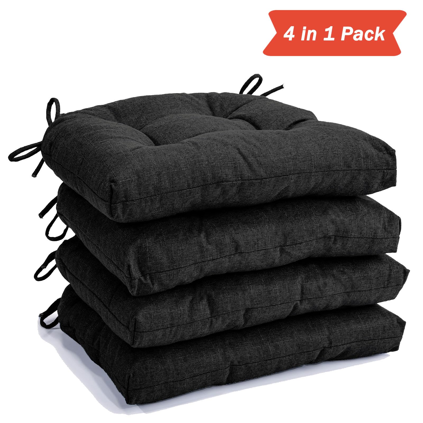 Kyaringtso Chair Cushions for Dining Chairs, 4 Pack Soft and Comfortable Chair Cushions Pads with Ties, Seat Cushions for Kitchen Chairs,Dining Room (4 Pack 17x16, Black)