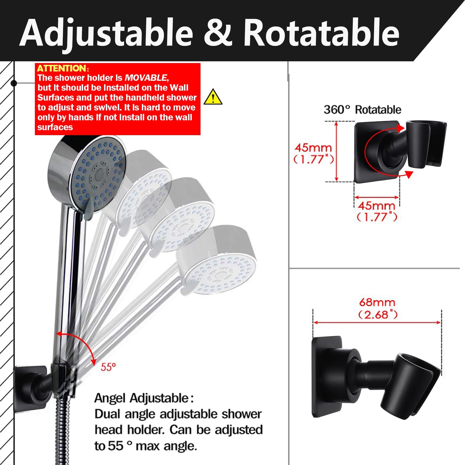 Shower Head Holder All Meta lHandheld Shower Wand Bracket Adhesive Shower Wall Mount Holder Brass Shower Spray Holder Black, Drill Free Glue Installation