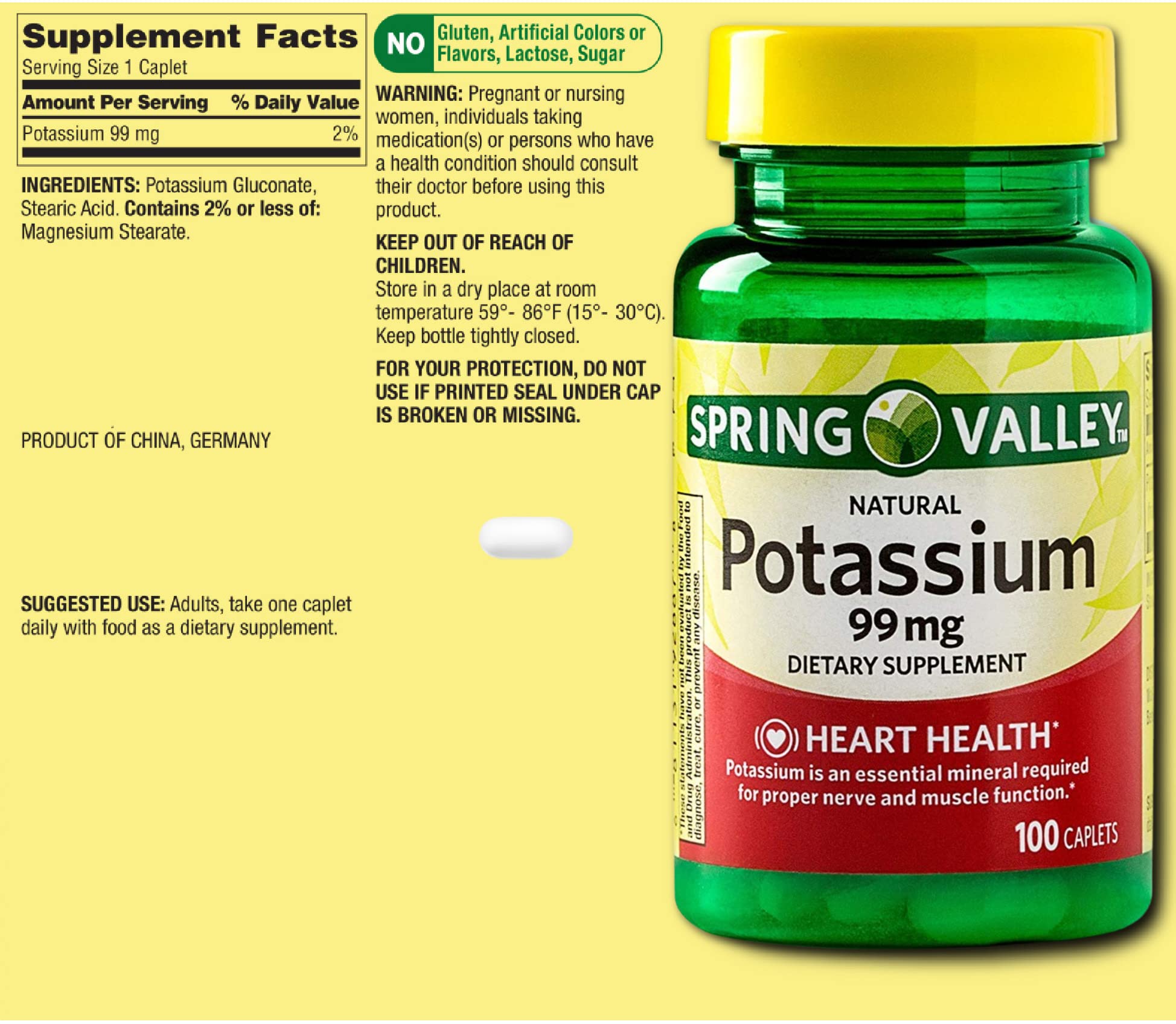 Potassium Supplement 99 mg Caplets - 3+ Month Supply (100 Caplets) - Heart, Nerve & Muscle Function from Spring Valley + Vitamin Pouch and Guide to Supplements