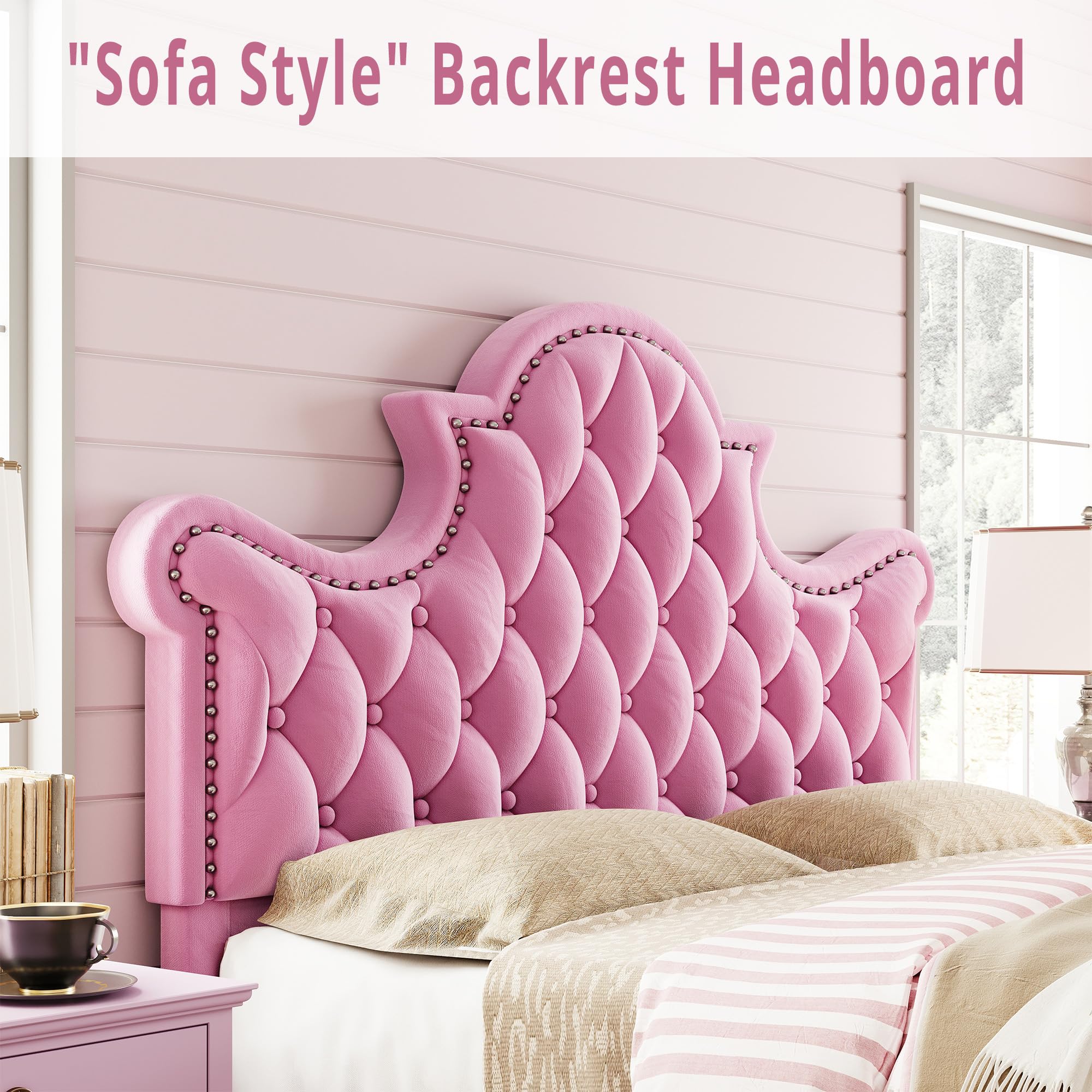 LIKIMIO Queen Size LED Bed Frame, Camas Queen with 58" Tall Tufted Headboard, Sturdy and Noiseless, No Box Spring Required, Pink