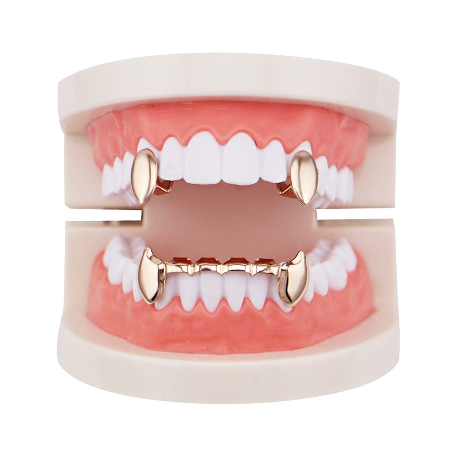 mainlead Rose Gold Vampire Dracula Teeth 2pc Single Fangs and 6 bottom Grills Set