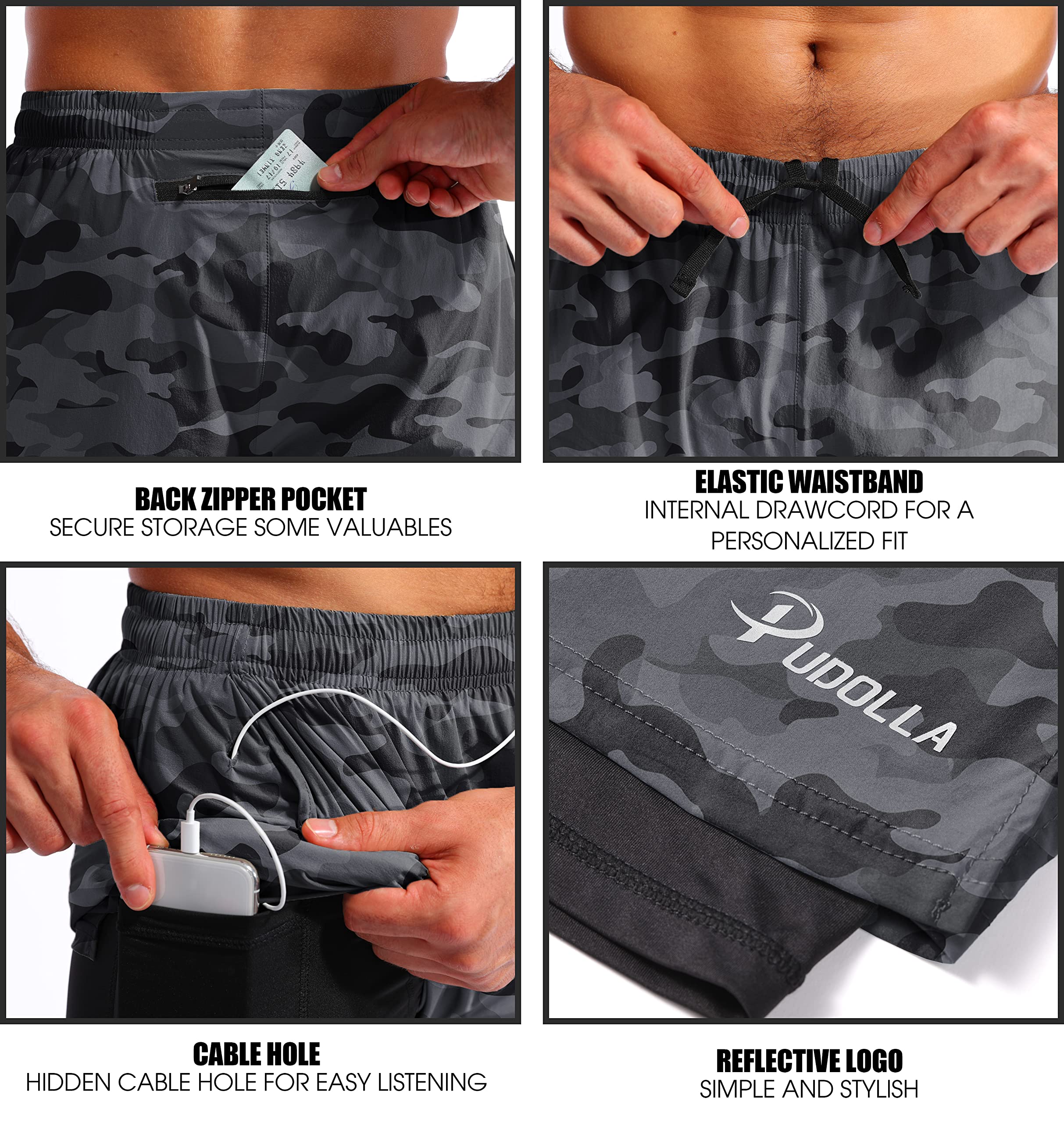 Pudolla Men’s 2 in 1 Running Shorts 7" Quick Dry Gym Athletic Workout Shorts for Men with Phone Pockets(Black Camo Large)