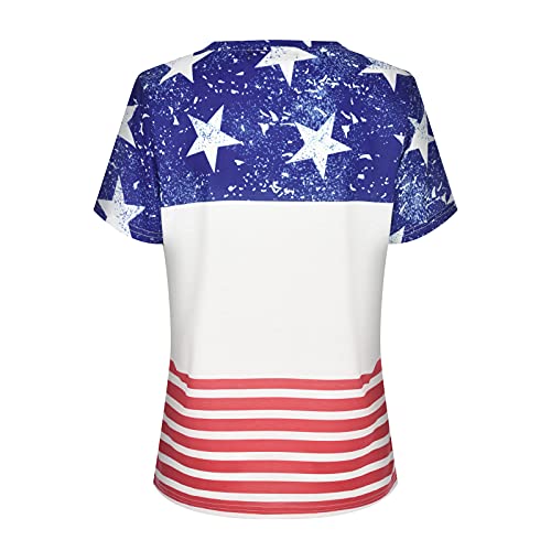wodceeke Women's short-sleeved round neck T-shirt American flag stitching printed Tee casual loose Independence Day tops (Dark Blue,XL)