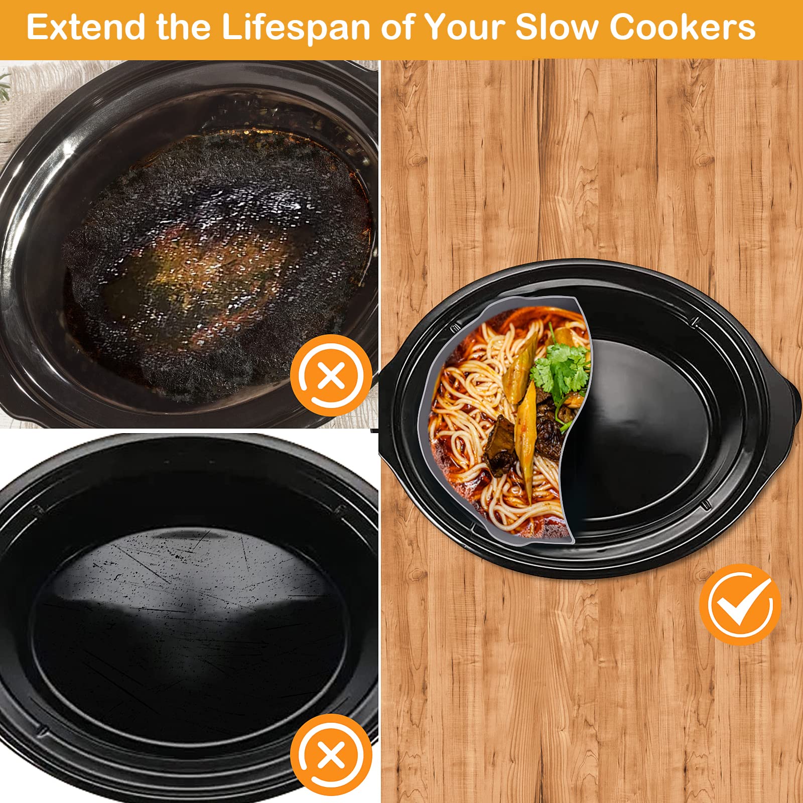Slow Cooker Divider Liner for 6 QT Crockpot, Food Grade Silicone Reusable Leakproof Crockpot Divider, NON BPA Dishwasher Safe Slow Cooker Liner for 6 Quart Pot (2 Compartments)