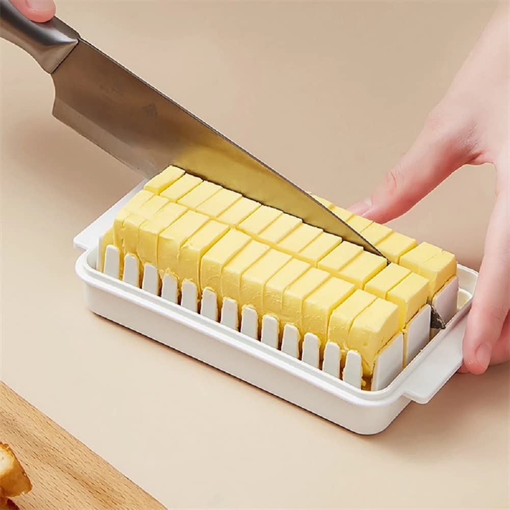 Quantitative Cutting Butter Dish, Plastic Butter Dish With Dividable Lid, Butter Airtight Preservation Container Box,Keeper Container for Freezer Countertop Butter Storage and Accurate Cutting (White)